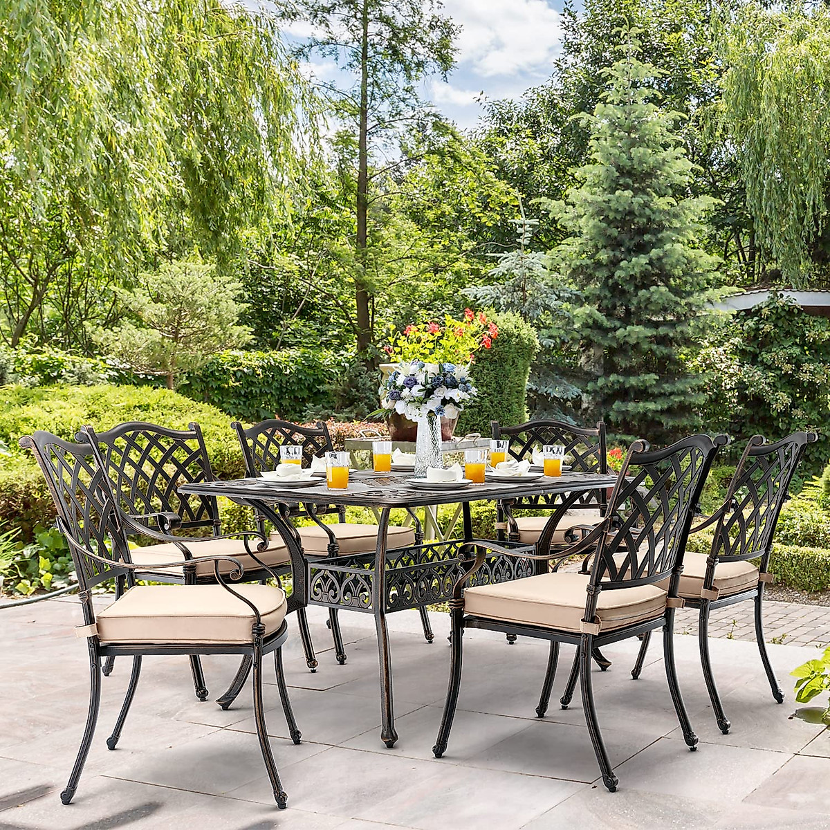 𝐀𝐢𝐥𝐢𝐬𝐦𝐚𝐢𝐥 𝟕 𝐏𝐢𝐞𝐜𝐞 Outdoor Dining Set Cast Aluminum Retro Patio Dining Set for 6 includes 59” Rectangular Table and 6 Chairs with Thicker Cushion and Umbrella Hole for Patio Deck Garden