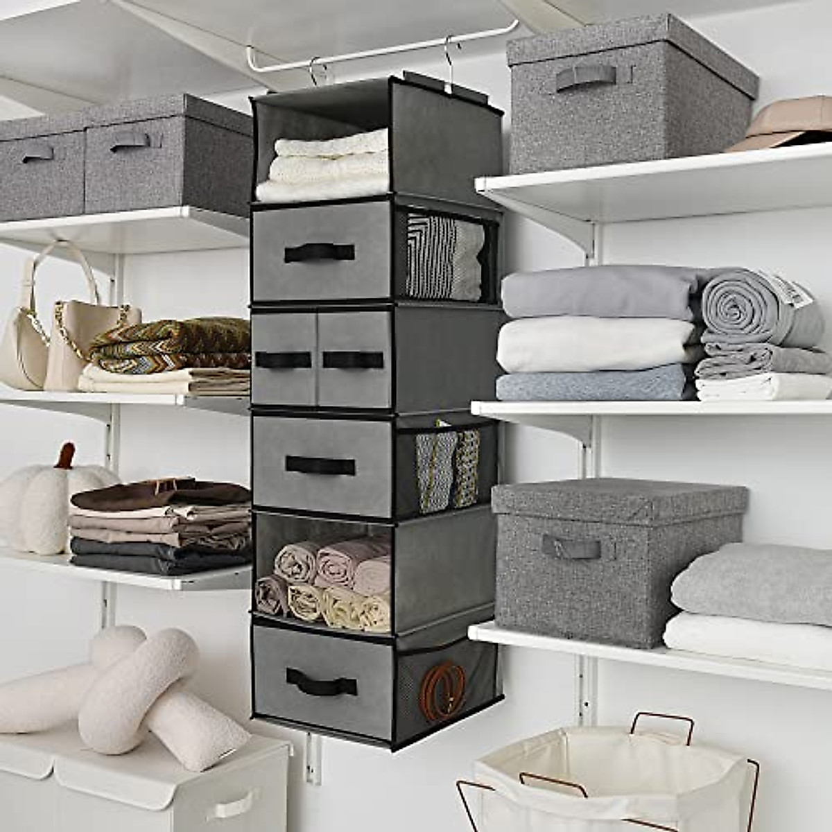 GRANNY SAYS Hanging Closet Organizer 6 Shelves, Closet Organization and Storage with 5 Different Drawers, 6 Side Pockets Wardrobe Clothes Organizer for Closet, Gray, 1-Pack