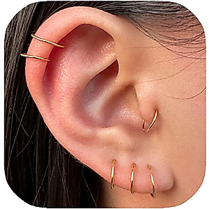3 Pairs 14k Gold Plated Sterling Silver Small Hoop Earrings Set for Women Cartilage Nose Septum Helix Tragus Rings Multiple Piercing Jewelry, Hypoallergenic Thin Tiny Gold Hoops 6mm 7mm 8mm
