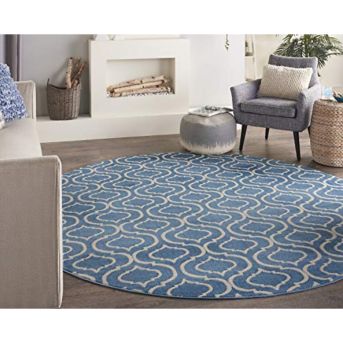 Nourison Jubilant Trellis Blue 8' x Round Area -Rug, Easy -Cleaning, Non Shedding, Bed Room, Living Room, Dining Room, Kitchen (8 Round)