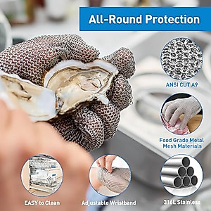 Caprihom Chainmail Glove Highest Level Cut Resistant Glove Food Grade Stainless Steel Metal Mesh Glove for Meat Cutting, Fishing, Oyster Shucking (L -1PCS)