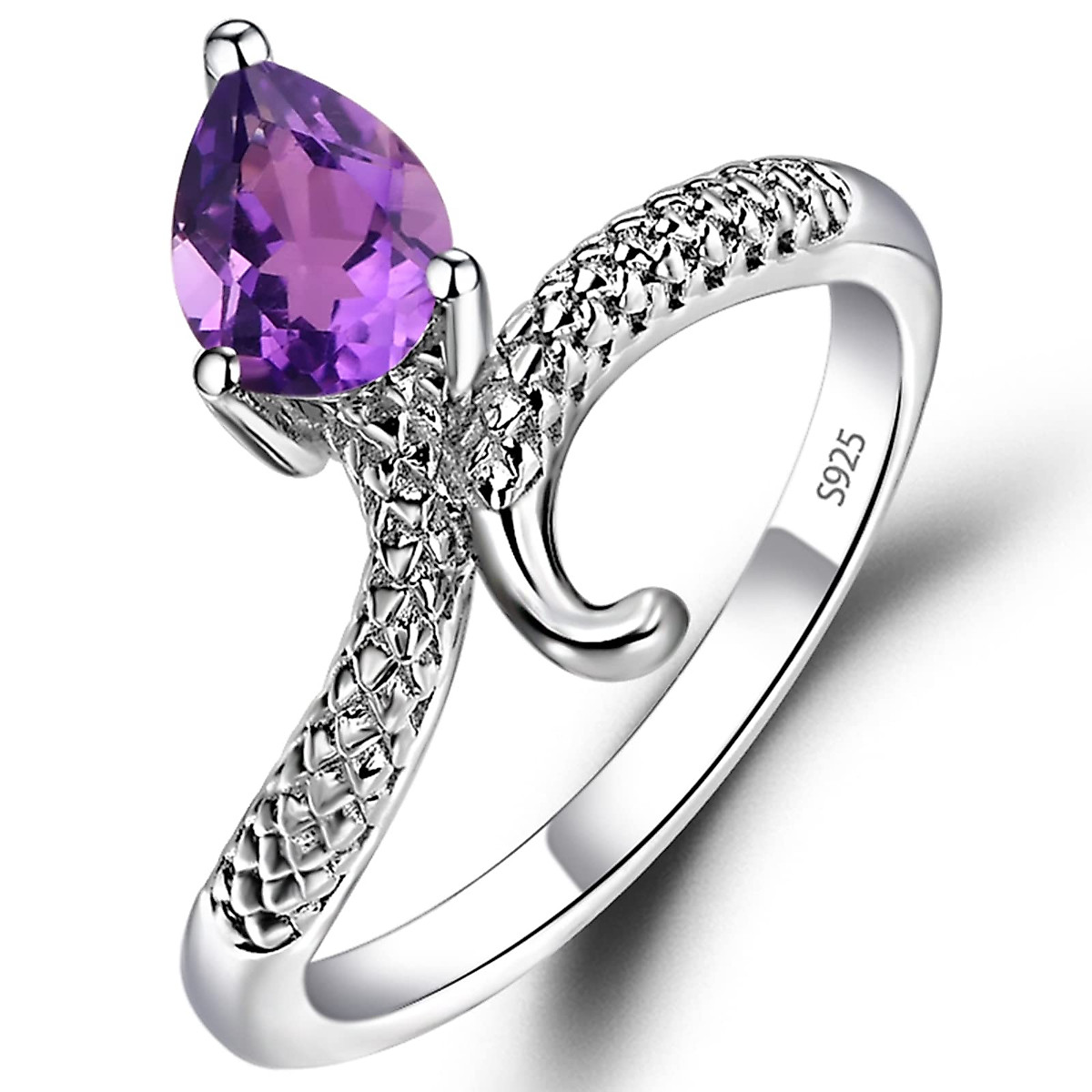 LUO S925 Sterling Silver Snake Ring Pear Shaped 7X5 MM Amethyst Ring Retro Animal Ring for Women US Size 4