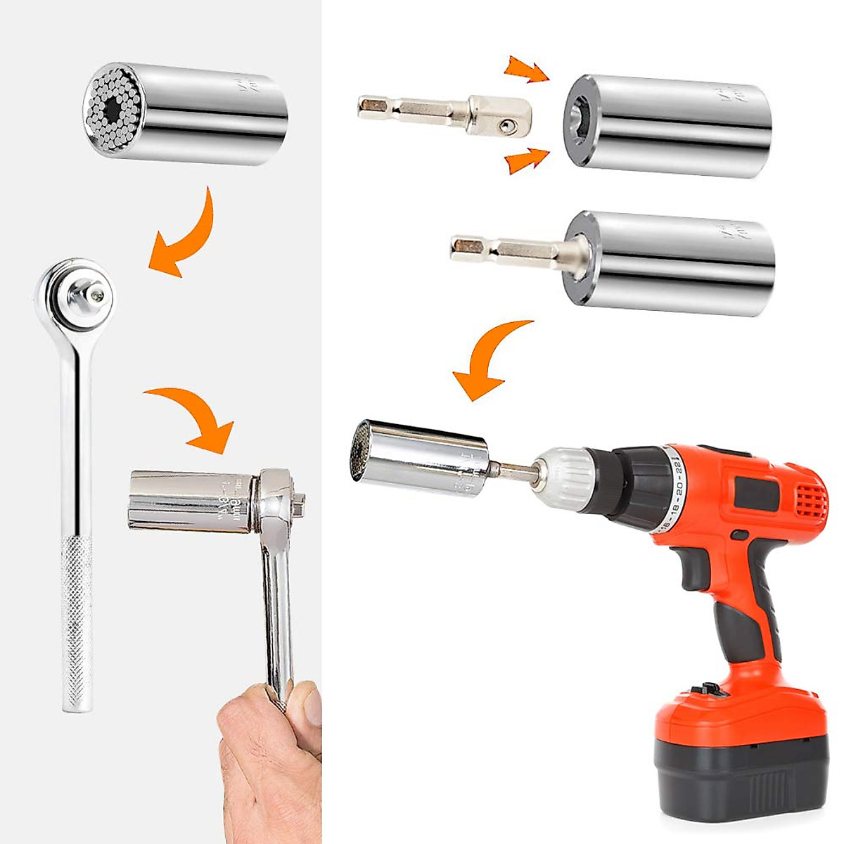 Universal Socket Gifts for Men, Owlbbabies 3Pcs Multi-function Universal Socket Wrench Set with Bushing Ratchet Wrench, Power Drill Adapter(7-19mm), Gadgets Gifts for Men/Dad/Husband/DIY Handyman