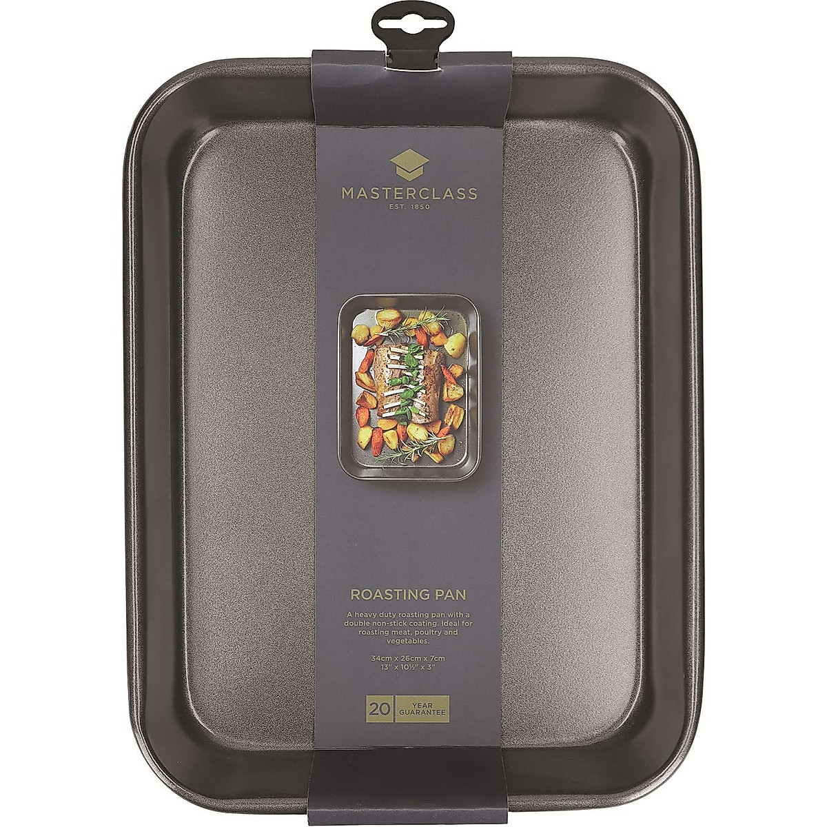 MasterClass KCMCHB2 Deep Roasting Tin, 34 x 26cm Roaster with PFOA Free Non Stick, Robust 1mm Carbon Steel, Grey