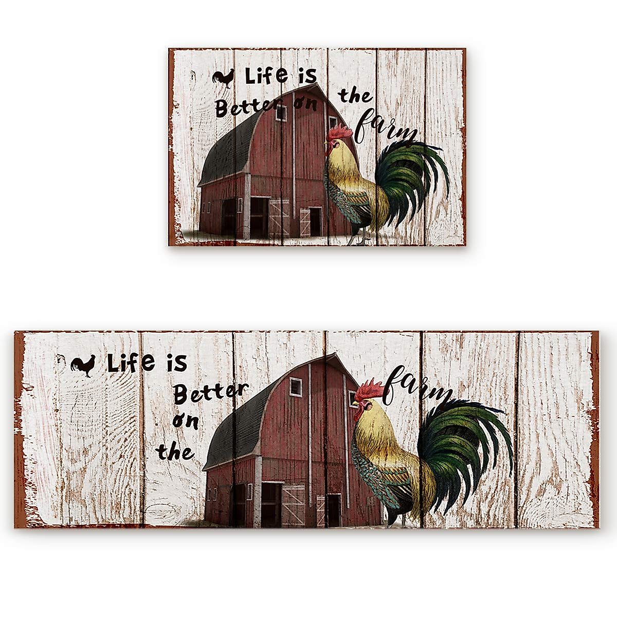 wanxinfu 2 Piece Kitchen Mat Set, Rooster in Front of a Vintage Barn Retro Wood Background Soft Non-Slip Rubber Backing Floor Mats Doormat Bathroom Runner Area Rug Carpet, 15.7x23.6in + 15.7x47.2in