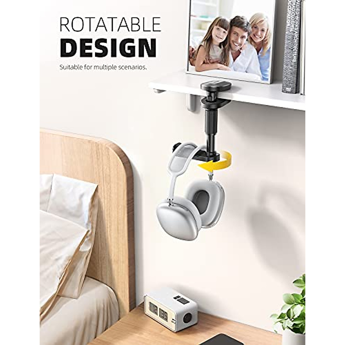 Lamicall Headphone Stand, Headset Hanger - [2022 Upgarded] 360° Rotating Earphones Holder Hook Mount Clamp under Desk for Airpods Max, Sennheiser, Sony, More, Black
