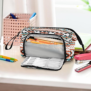 DEHOZO Portable Pencil Case Pen Bag with Zipper, Ethnic Aztec Geometric Large Pencil Pouch Pen Case Stationery Bag for Office School Student, Multifunctional Pen Box for Girl Boy Men Women