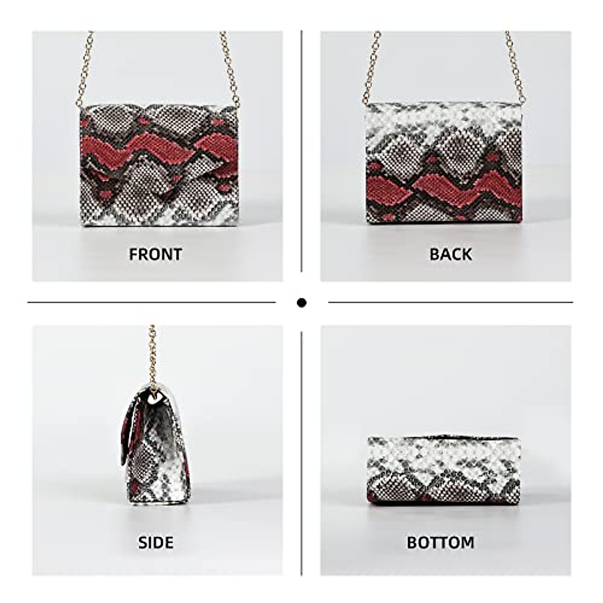 WJCD Snake Print Leather Clutch Purse with Crossbody Chain Strap (Red)