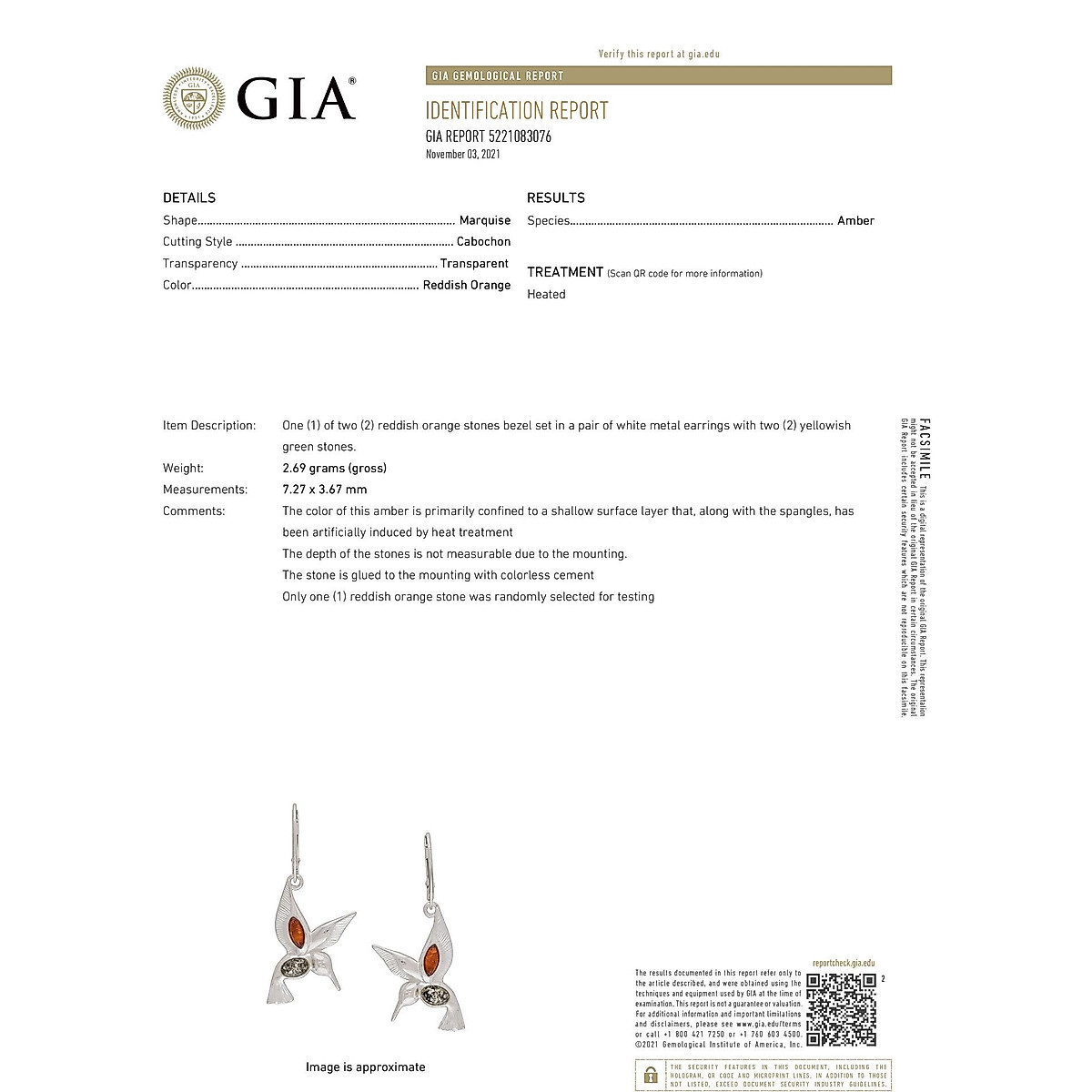 GIA Certified Sterling Silver and Baltic Amber French Leverback Earrings Hummingbirds