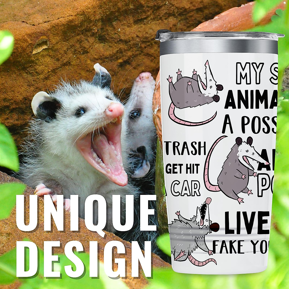 Onebttl Possum Gifts for Women & Men, Unique Gifts for Possum Lover, Possum 20oz Tumbler with Spill-Proof Lid, Opossum Gifts, Gift Box Included - White