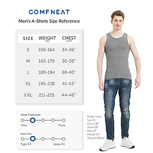 Comfneat Men's 6-Pack A-Shirts Tight Fit Tank Tops Cotton Spandex Undershirts (Black 6-Pack, S)