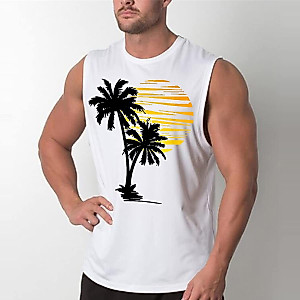 Beach Tank Top Men Hawaiian Palm Tree Sleeveless Shirt White 2XLarge