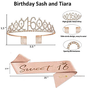 Sweet 16 Party Decorations, Rose gold 16th Birthday Decorations for Girls, Happy Birthday Banner, Curtains, Cake Topper, Bday Sash and Crown, Balloons for Her Sixteen Years Birthday