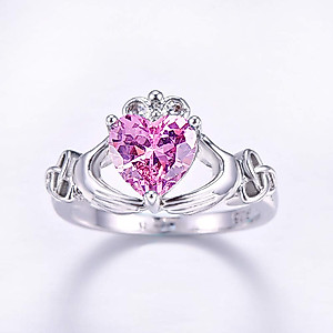 Emsione 925 Sterling Silver Plated Created Pink Topaz Heart Cut CZ Claddagh Celtic Ring Eternity Anniversary Wedding Engagement Band Ring Size 8