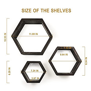 KEZORY Hexagon Floating Shelves, Honeycom Wall Shelves Set of 3, Suitable for Living Room, Kitchen, Bedroom, Bathroom or Office Wall Mounted Wooden Hexagon Shelf (Black)