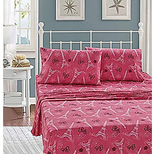 Luxury Home Collection Kids/Teens/Girls 7 Piece Full Size Comforter Bedding Set/Bed in A Bag with Sheets Floral Paris Eiffel Tower Flowers Hearts White Pink Black (Pink, Full Comforter)