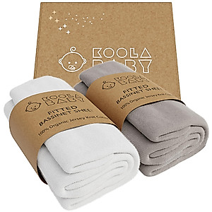 Bassinet Sheet for Bassinet Mattress - 100% Organic Jersey Knit Cotton - Snuggly Soft & Cozy Sheets Fitted for Oval Rectangle & KoolaBaby Bedside Sleeper - White & Grey 2 Pack