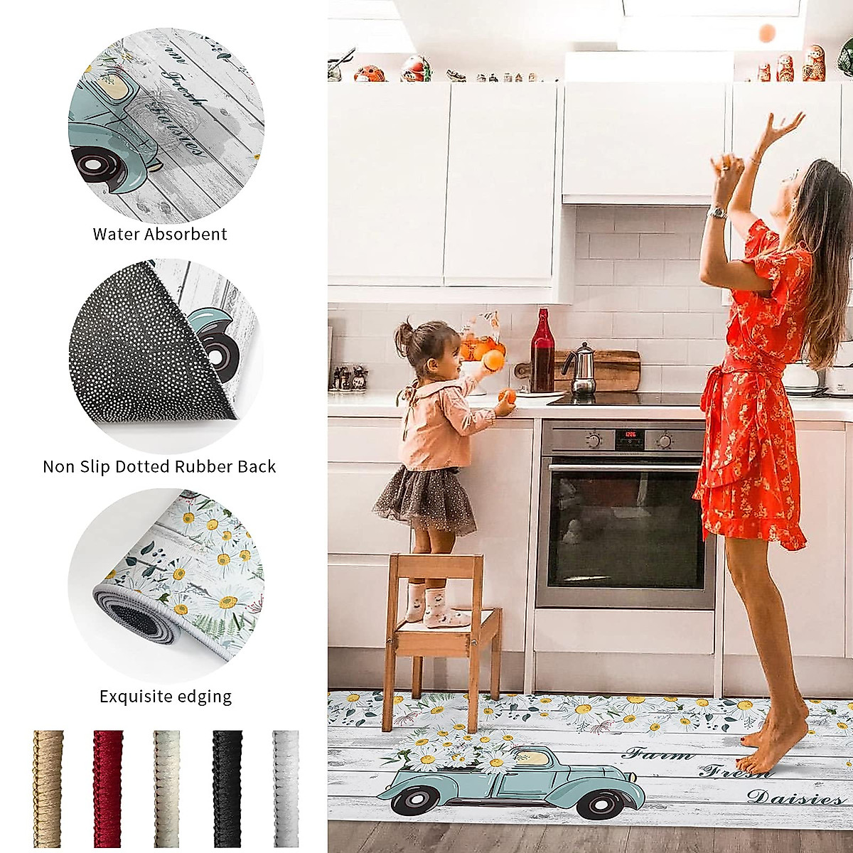 Kitchen Rugs and Mats Sets of 2 Truck Daisy Flower Non-Slip Rubber Backing Area Rugs Washable Runner Carpets for Floor, Kitchen Wild Floral Fresh Design Farmhouse Plank 15.7x23.6+15.7x47.2inch