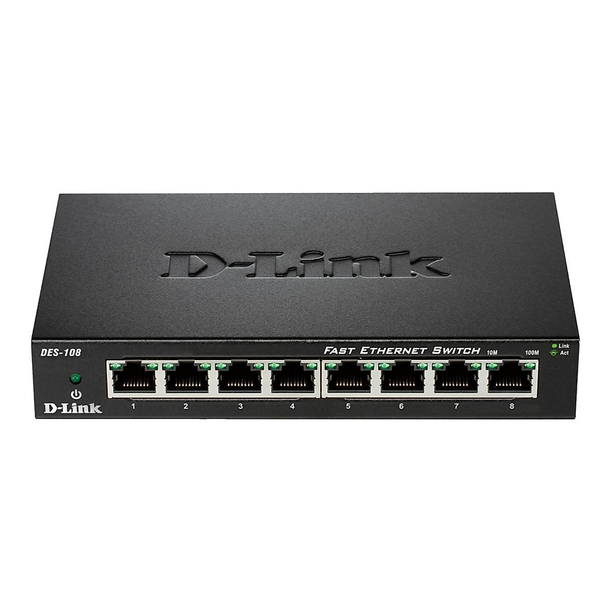 D-Link Fast Ethernet Switch, 8 Port Unmanaged Metal Fanless Desktop Network Internet (DES-108), Black