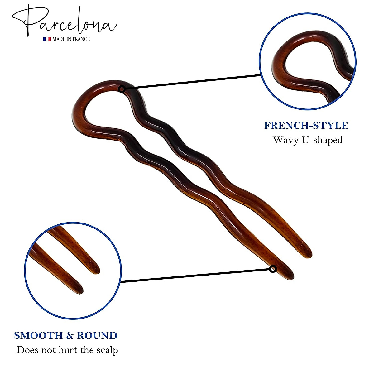 Parcelona French Sleek Brown Tortoise Shell Large 3 1/2" Celluloid Made in France Set of 3 Wavy Crink U Shaped Chignon Hair Pins Updo Bun Pin Sticks for Women and Girls