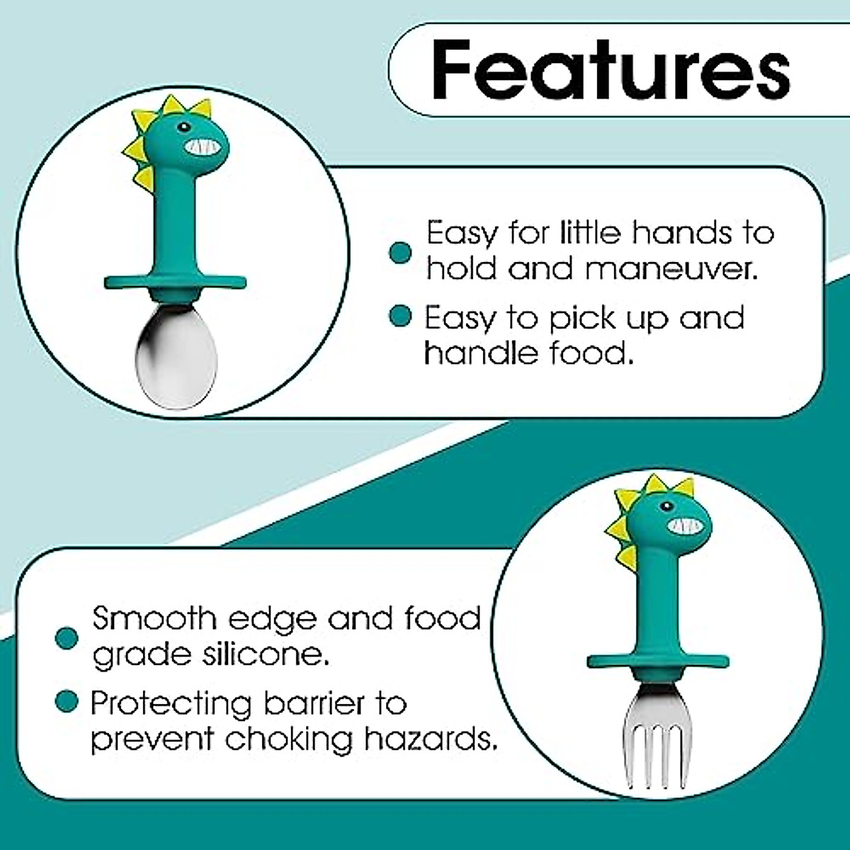 Dinosaur Silicone Baby Feeding Set |Toddler Utensils, baby spoon and fork, waterproof bibs, bowl & suction plates for Self-Feeding. Baby Led Weaning, Toddler feeding supplies. (Dino Green)