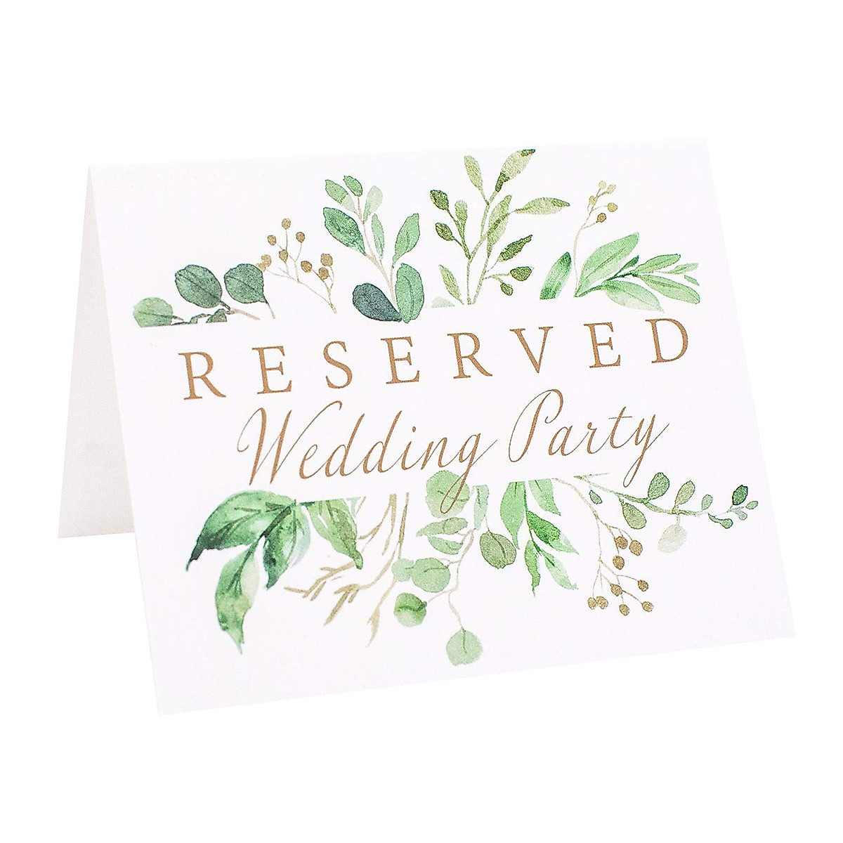 Reserved Wedding Table Sign | Set of 6 Watercolor White and Gold with Eucalyptus Greenery Signs Including Seating for Bride's Family Groom's Family and Wedding Party | Freestanding Double Sided
