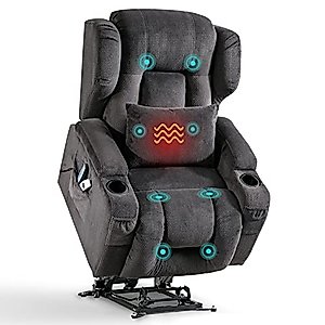 OQQOEE Power Lift Recliner Chair with Massage and Heat for Elderly/Adults, Lift Chairs Movable Recliner Chair with Wheels, Comfy Velvet Lazy Sofa Reclining for Living Room with Cup Holders/Remote/USB