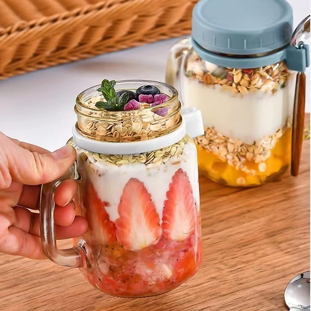 Overnight Oat Containers with Lids and Spoon and Handle, 2 Pack, Large Glass Overnight Oats Jars Reusable Airtight 16 oz Mason Jars for Cereal Yogurt