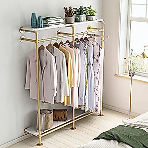 IronJiaZu Gold Pipe Clothes Racks with 2 Shelves, Industrial Pipe Gold Clothing Rack with Double Hanging Rods, Heavy Duty Wall Mounted Clothing Rack Rod for Closet Storage, Bedroom