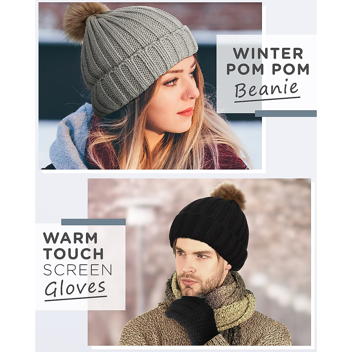 6 Pieces Women Knitted Winter Hat Glove Set Skull Cap Beanie Touchscreen Gloves Texting Gloves for Women (Black, White, Grey)