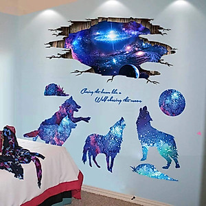 3D Blue Starry Sky Wolf Moon Wall Decals Removable PVC Magic 3D Milky Way Outer Space Planet Wall Sticker Peel Stick Home Decor for Kids Baby Bedroom Boys Girls Nursery Room Ceiling Living Room