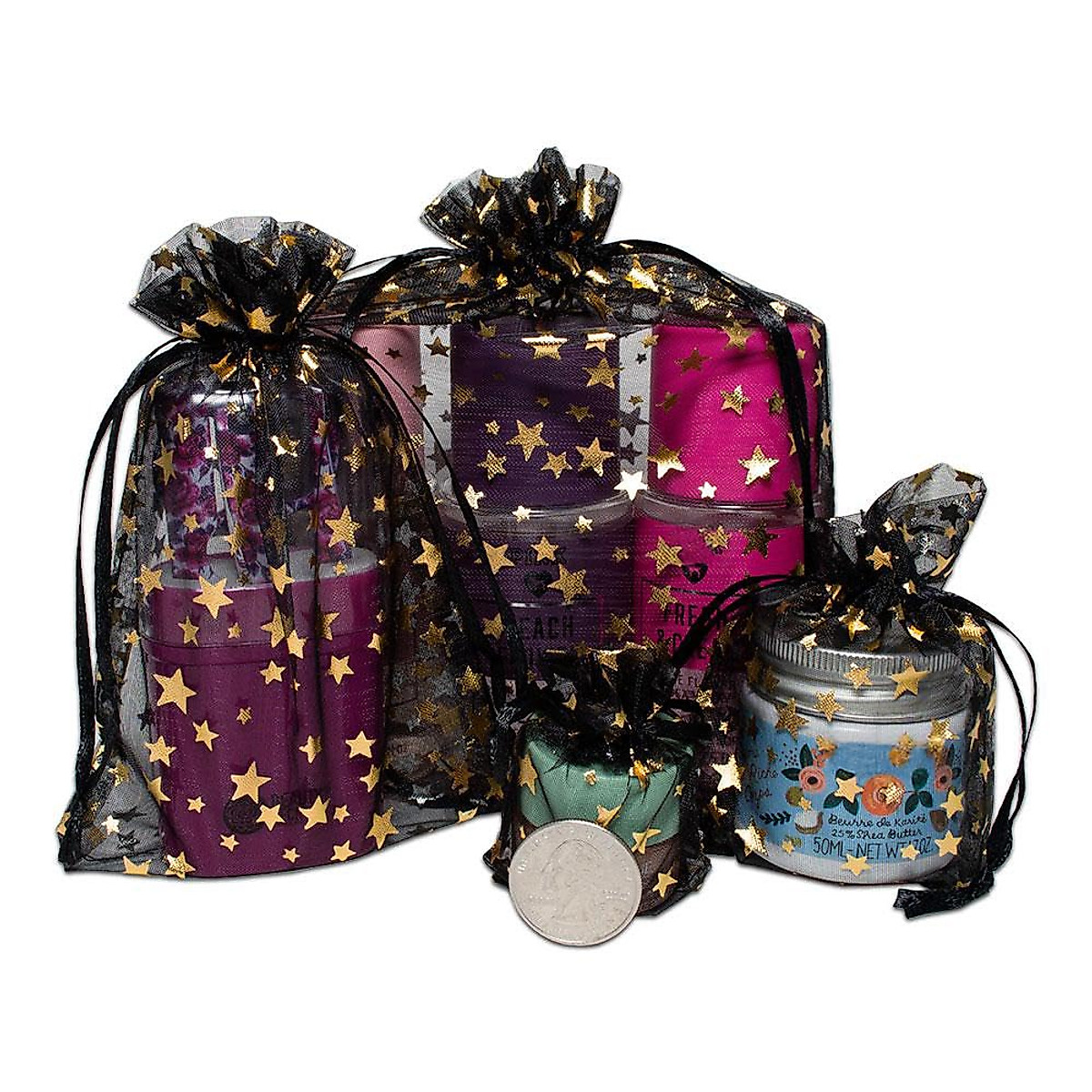 TheDisplayGuys 100-Pack 2" x 2-3/4" Sheer Organza Gift Bags with Drawstring (X-Small) - Metallic Stars (Black/Black) - for Wedding Party Favors, Jewelry, Candy, Treats Mesh Pouch