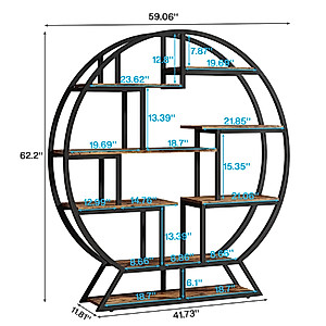 Tribesigns Bookshelf, Round Bookshelves Etagere Bookcase, 63 Inch Industrial Wood Book Shelf with Staggered Shelves, Rustic Open Shelving Organizer Rack Display Shelf for Home Office, Living Room