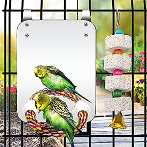 Catcan Bird Cage Mirror, Bird Mirror with Perch Rope for Cage Cockatiels Cotton Rope Standing Bar Parrot Mirror with Parrot Molar Toy Pendant