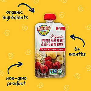 Earth's Best Organic Baby Food Pouches, Stage 2 Fruit and Grain Puree for Babies 6 Months and Older, Organic Banana Raspberry and Brown Rice Puree, 4.2 oz Resealable Pouch (Pack of 12)