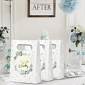 WEEPA 24 Pcs Greenery Eucalyptus Oh Baby Paper Gift Bags Neutral Baby Shower Treat Sack White Kraft Paper Bags, 5.5 * 2.5 * 8.5 inch