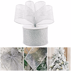 AIMUDI Silver Christmas Ribbon Wired 2.5 Inch Silver Wired Ribbon for Halloween Silver Glitter Mesh Wired Ribbon for Wreaths, Gift Wrapping, Thanksgiving, Holiday Crafts, Topper Bow - 25 Yards