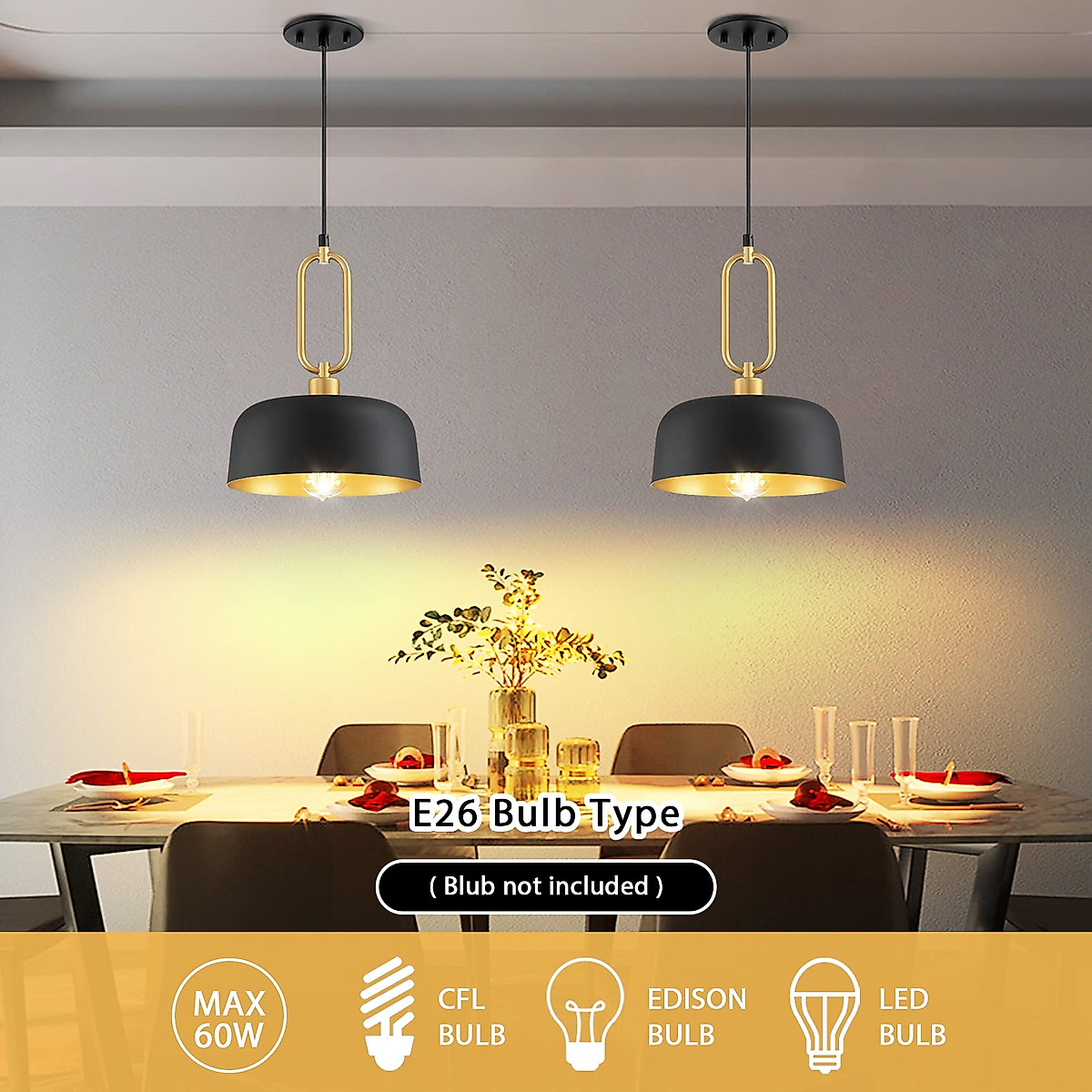 Giiland Industrial Pendant Lighting Fixture, 3-Pack Black Metal Shade Hanging Light for Kitchen Island Dining Room, Adjustable Length Dome Chandeliers