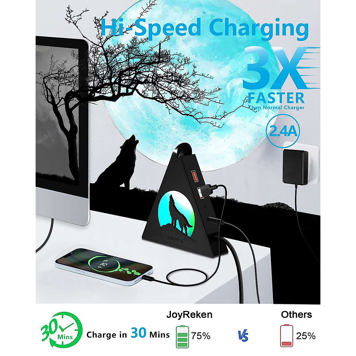 Powered USB Hub 3.0, JoyReken USB Hub with 4 USB 3.0 Data Ports and 2 USB Smart Charging Port, USB Hub Tower USB hub 3.0 Powered with 12V/4A Power Adapter for Mac PC Laptop USB Flash Drives