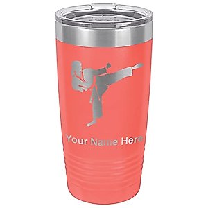 LaserGram 20oz Vacuum Insulated Tumbler Mug, Karate Woman, Personalized Engraving Included (Coral)