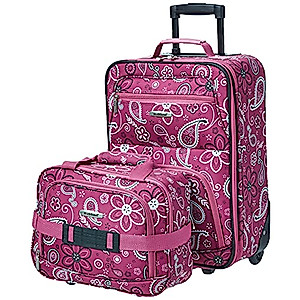 Rockland Fashion Softside Upright Luggage Set, Expandable, Wheel, Telescopic Handle, Pink Bandana, 2-Piece (14/19)