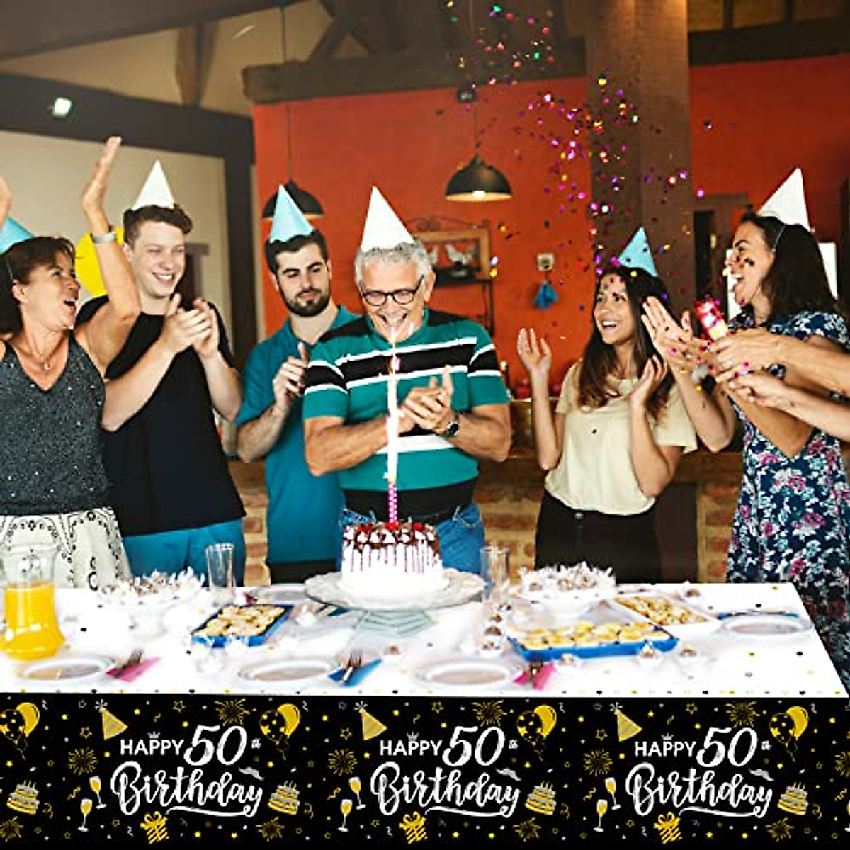 50th Birthday Decorations, 1pcs Black and Gold Happy Birthday Tablecloth for Men Women, Plastic Disposable Rectangle Table Cover for Birthday Party Decor- 54" x 108"
