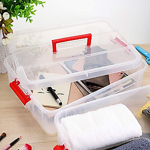 BTSKY 2 Layer Stack & Carry Box, Plastic Multipurpose Portable Storage Container Box Handled Organizer Storage Box for Organizing Stationery, Sewing, Art Craft, Jewelry and Beauty Supplies(Red)
