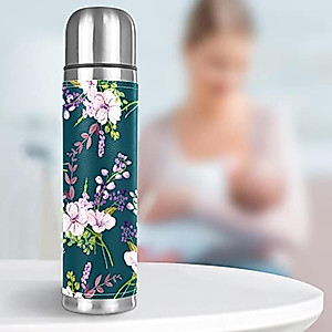 Stainless Steel Leather Vacuum Insulated Mug Flower Thermos Water Bottle for Hot and Cold Drinks Kids Adults 16 Oz