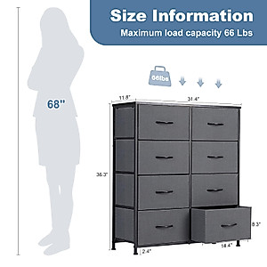 Dresser for Bedroom, Tall Storage Drawers, Fabric Storage Tower with 8 Drawers, Chest of Drawers with Fabric Bins, Sturdy Metal Frame, Wood Tabletop for Kids room, Closet, Entryway, Nursery, Grey