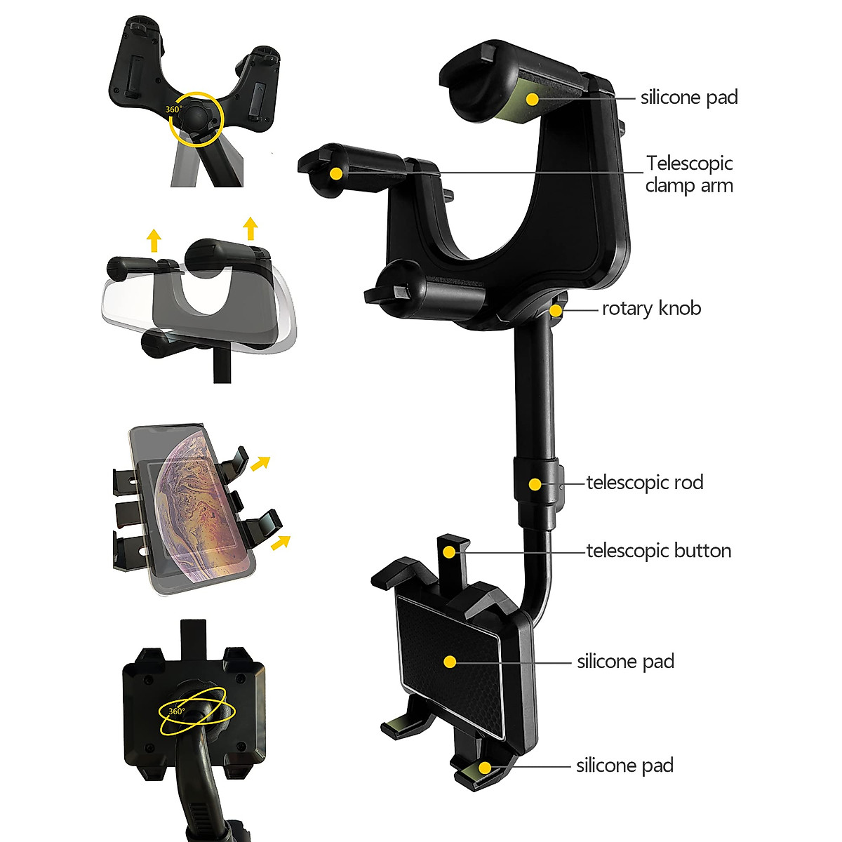 360°Rotatable and Retractable Car Phone Holder, Multifunctional Adjustable Mount, Universal Rearview Mirror Phone Holder for All Mobile Phones
