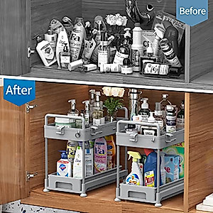 SOLEJAZZ 2-Tier Under Sink Organizer, Sliding Under Bathroom Cabinet Storage Drawer Organizer with Hooks, Hanging Cup, Dividers, Handles, Multi-purpose Under Sink Shelf Organizer, Gray, 2 Pack