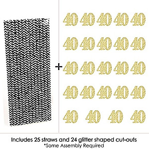 Gold Glitter 40 Party Straws - No-Mess Real Gold Glitter Cut-Out Numbers & Decorative 40th Birthday Party Paper Straws - Set of 24