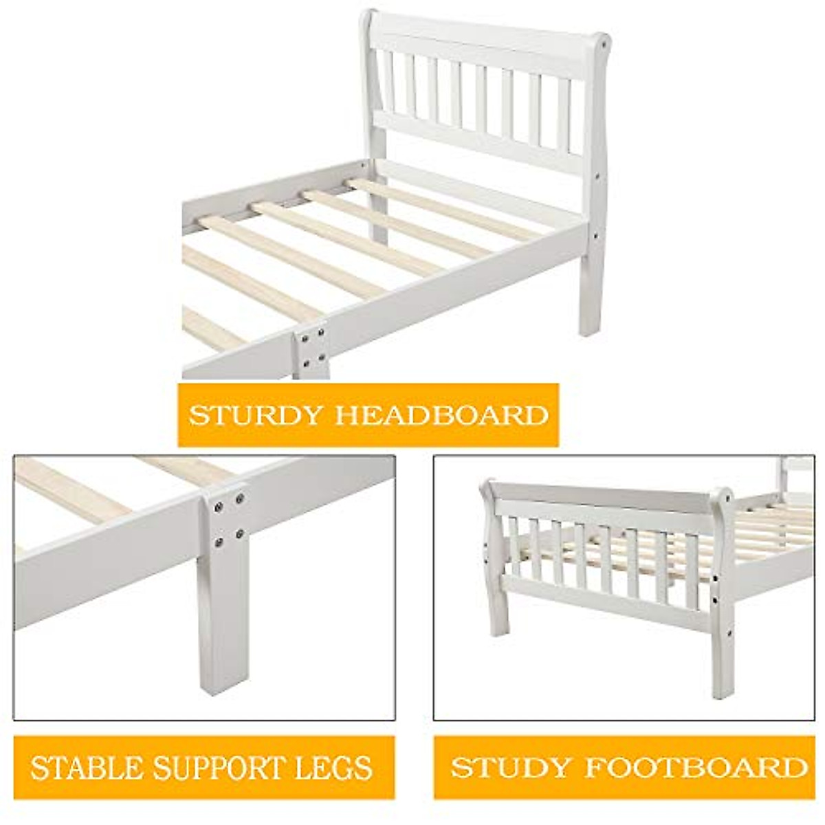 Voohek Twin Size Platform Bed Frame with Headboard, Footboard and Wood Slat Support, Sleigh Beds with Extra Supporting Legs, No Box-Spring Needed, White