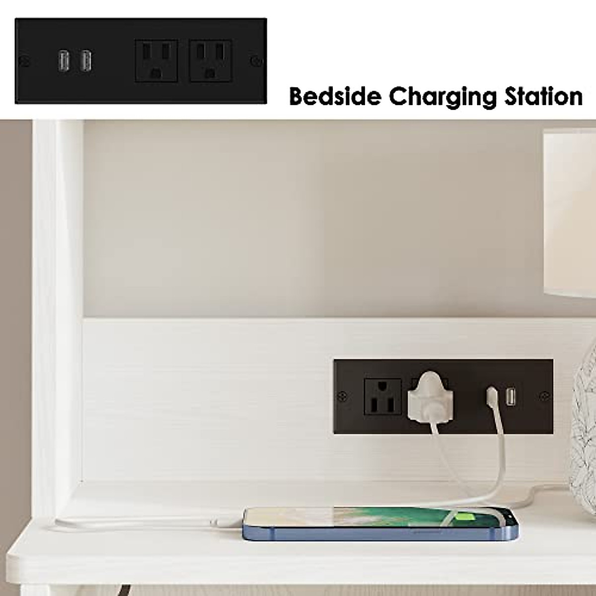 LIKIMIO Night Stand 55" Tall, End Side Table with with Charging Station and Storage Cabinet, Small Bookshelf, for Living Room Office Bedroom, Industrial White